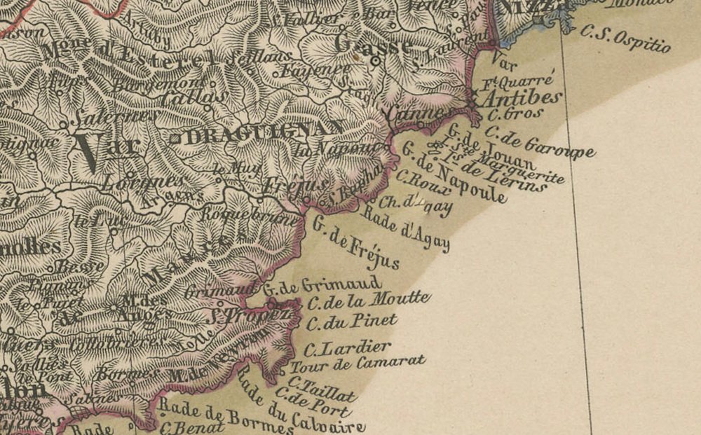 Map of Southern France to Italy with Corsica and Marseille, 1858 for ...