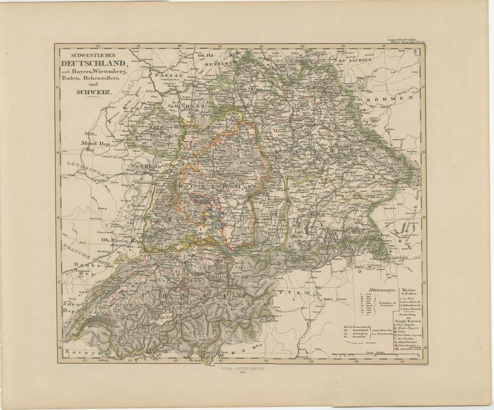 Map of Southwestern Germany and Switzerland Bavaria, 1858 for sale at ...