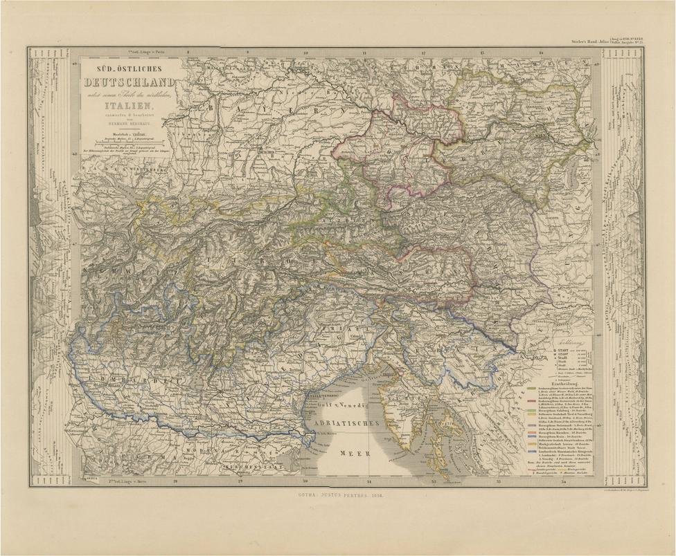 Antique Habsburg Empire Map of Southeastern Germany to Venice, 1858 for ...