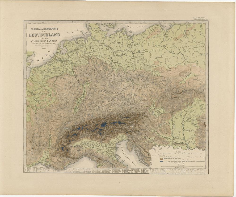 Relief Map of Germany and the Alps Showing Rivers and Terrain, 1855 for ...