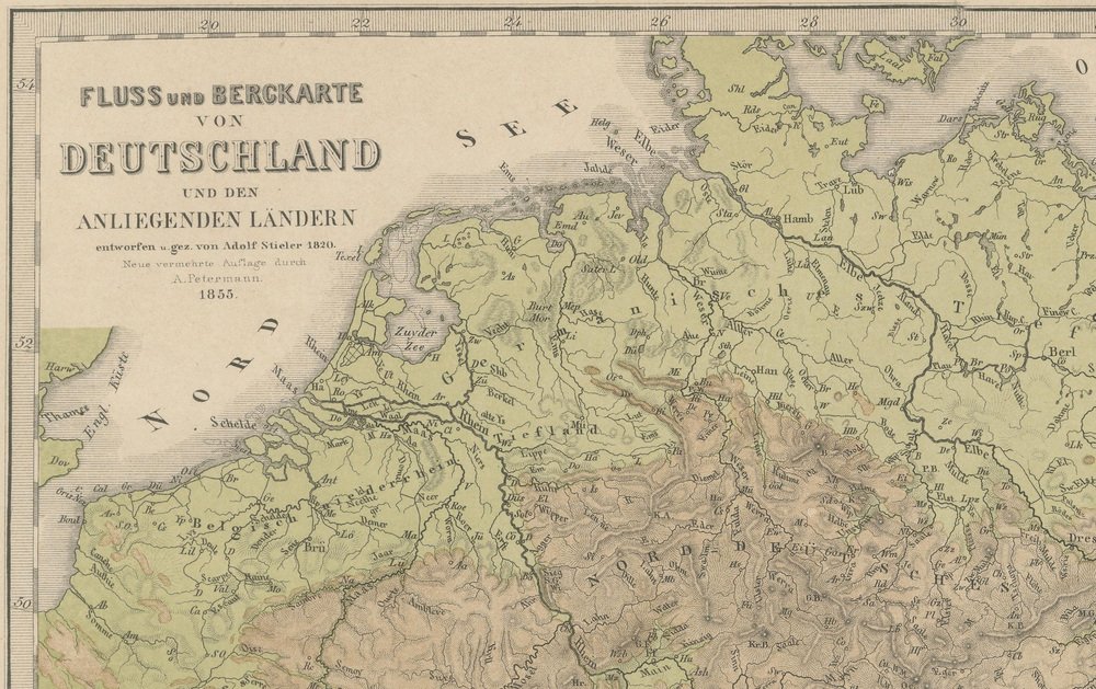 Relief Map of Germany and the Alps Showing Rivers and Terrain, 1855 for ...