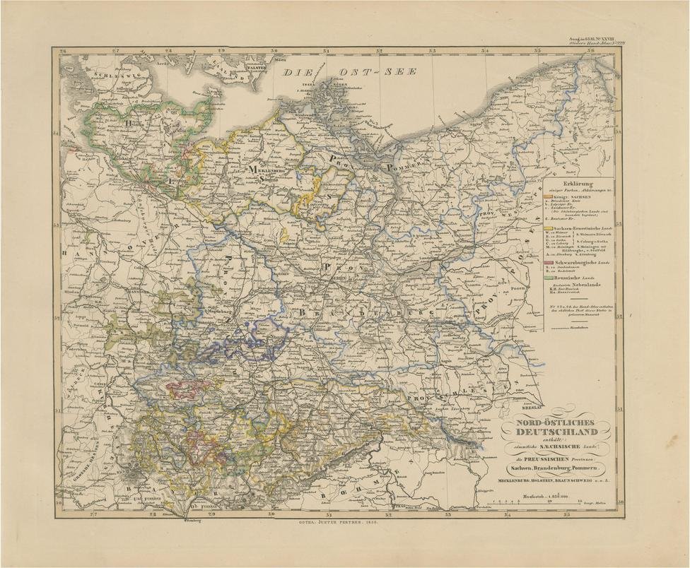 Antique Map of Northeastern Germany with Saxon & Prussian States, 1858 ...