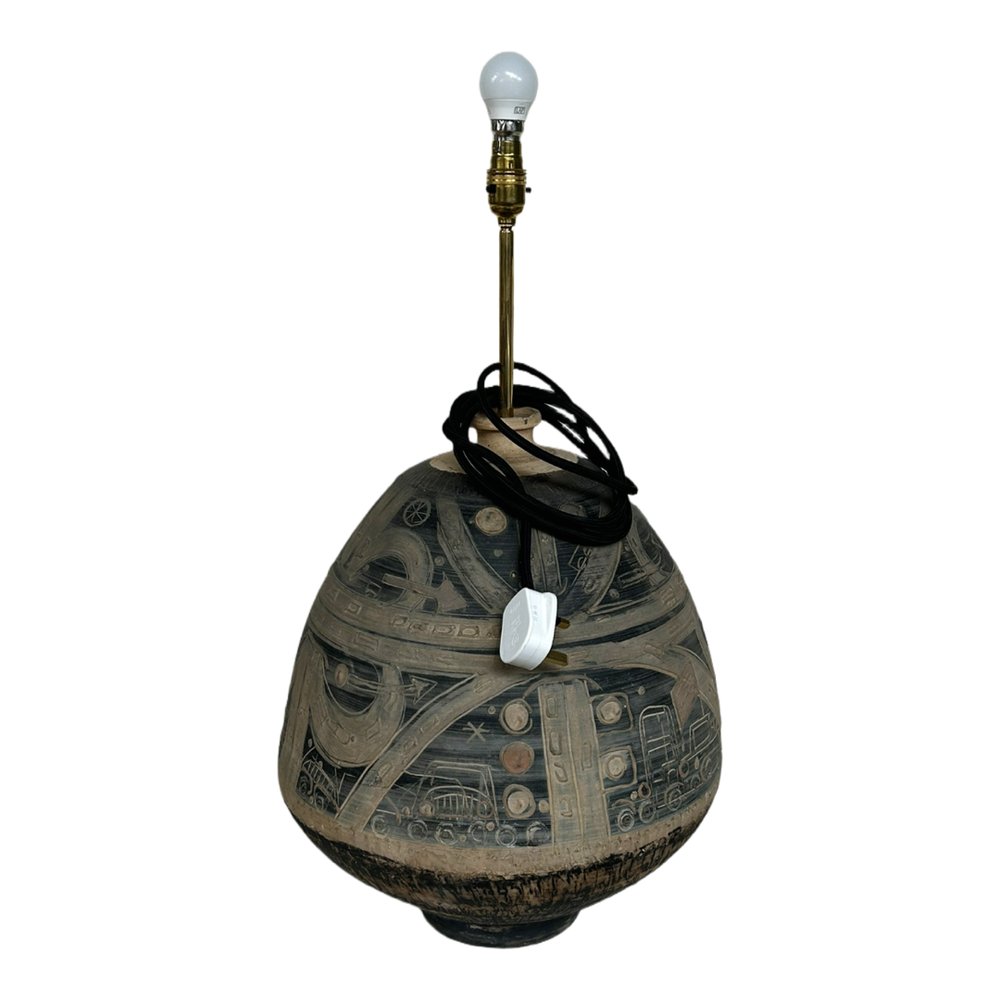 Large Glazed Sgraffito Terracotta Lamp Base, 1900s for sale at Pamono