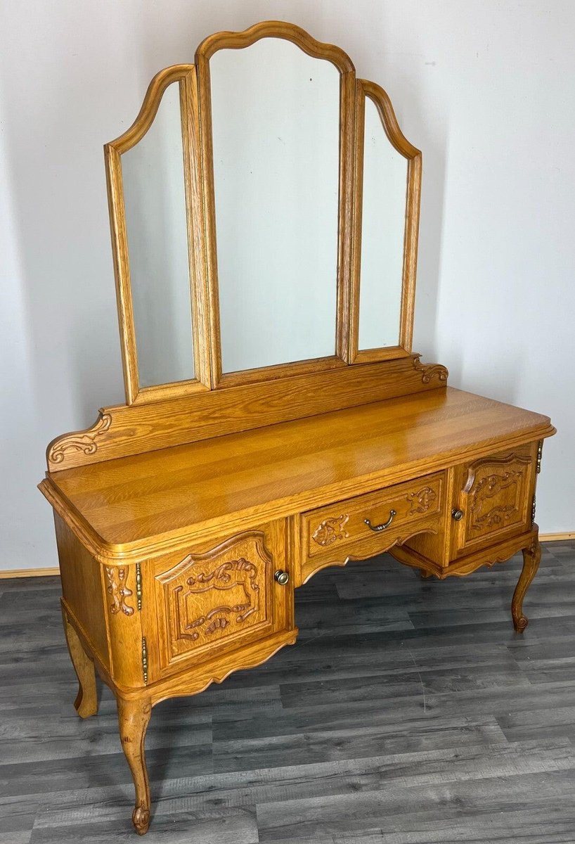 Vintage French Dressing Table with Mirror in Oak for sale at Pamono
