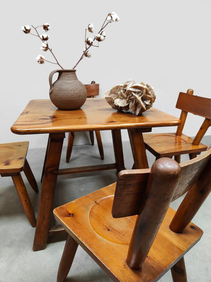 Vintage Brutalist Wooden Dining Set Chairs & Table Wooden Dining Set ...
