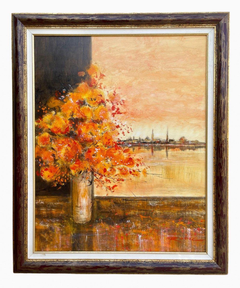 Raphaël Robic, Bouquet of Roses and Landscape, Oil on Canvas, Framed ...