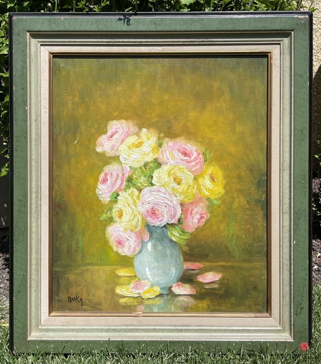 Marie-Madeleine de Rasky, Roses in a Blue Vase, Oil on Canvas, Framed ...