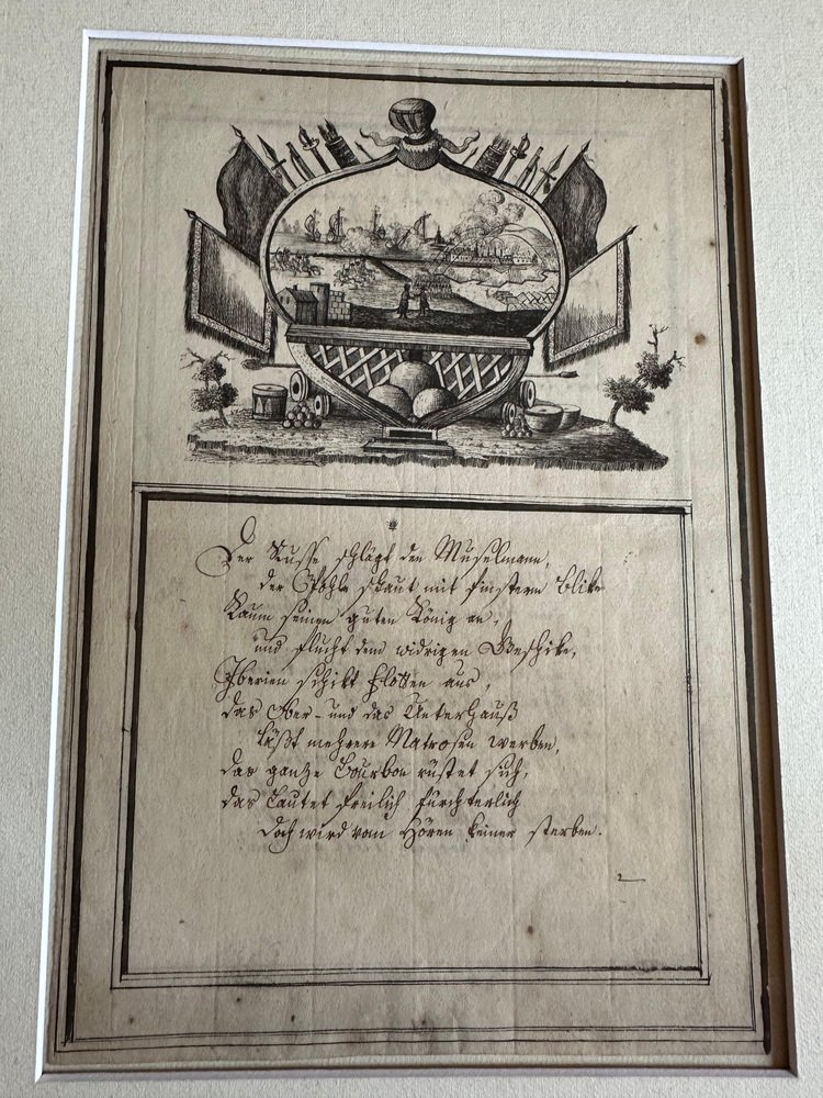 Antique German Engraving Allegory of War and Poem and Naval View, 1700s ...