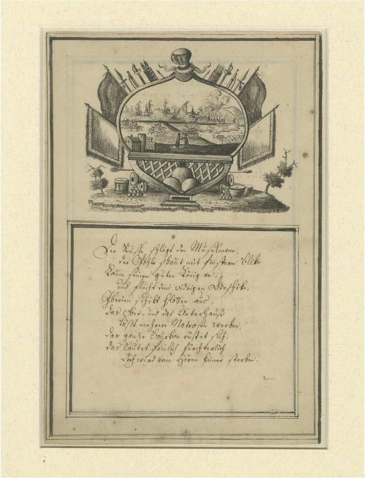 Antique German Engraving Allegory of War and Poem and Naval View, 1700s ...