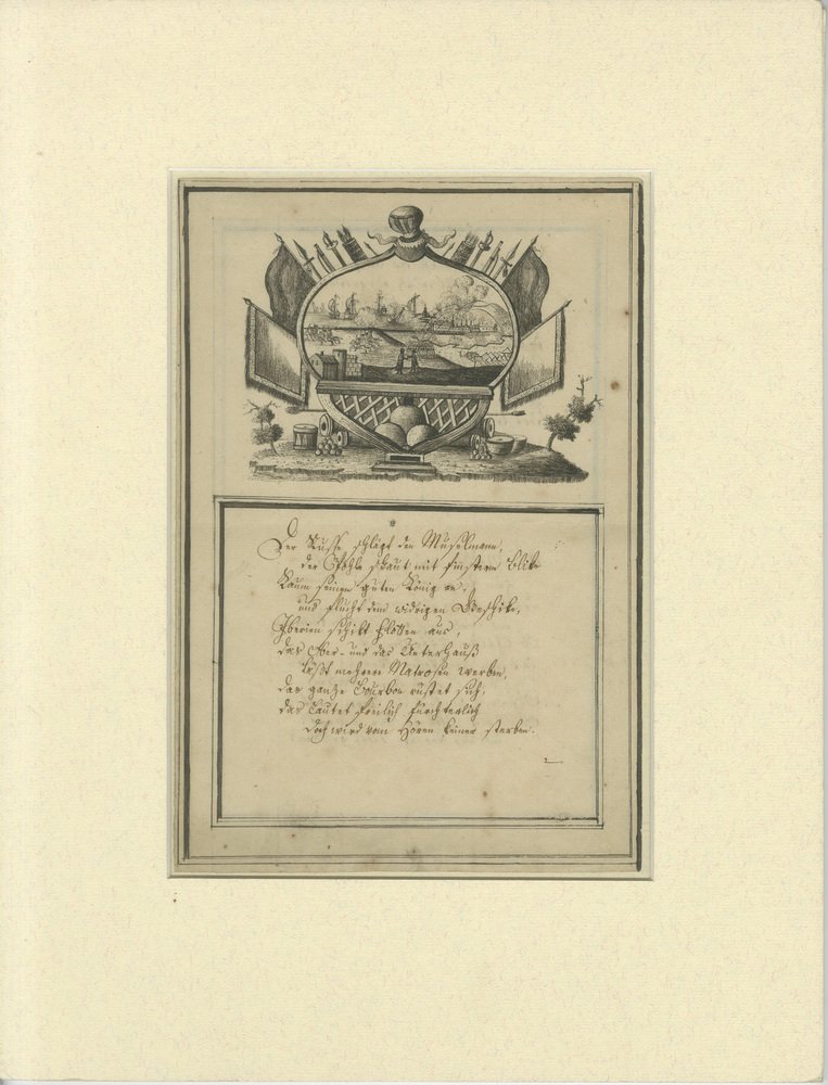 Antique German Engraving Allegory of War and Poem and Naval View, 1700s ...