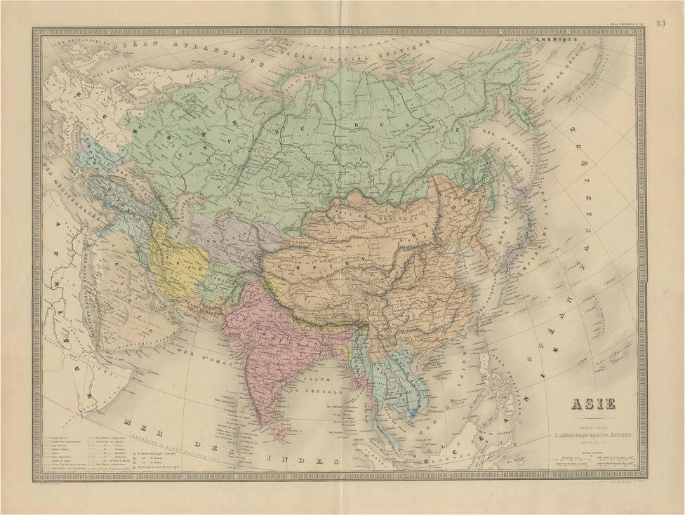 Antique Asia Map Large 19th-Century Engraving with Political Boundaries ...
