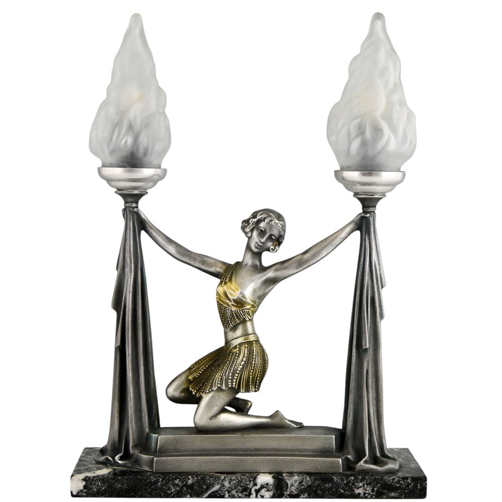 Art Deco Lamp Lady with Torches by Emile Carlier, 1930 for sale at Pamono