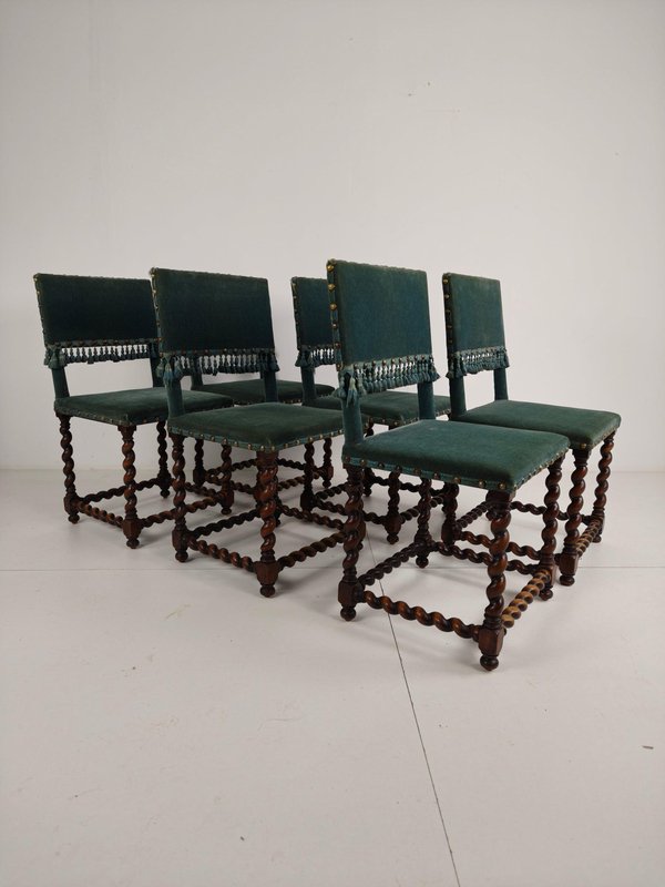 Chairs with Twisted Legs and Blue Upholstery, 18th Century, Set of 6 ...