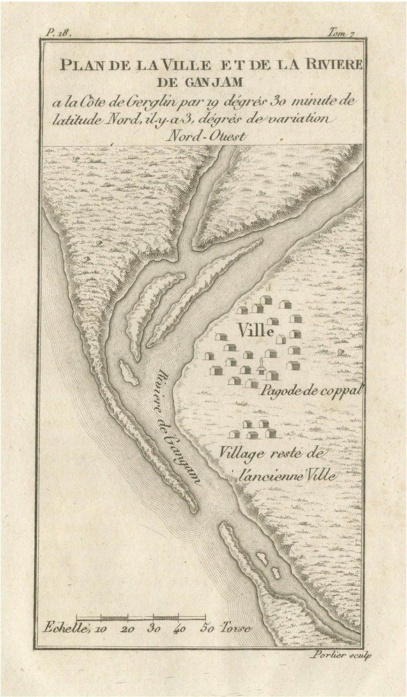 Antique French Map of the Town and River of Ganjam in India by Portier ...