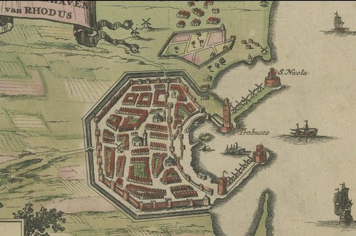 Map of City and Harbour of Rhodes by Olfert Dapper, 1688 for sale at Pamono