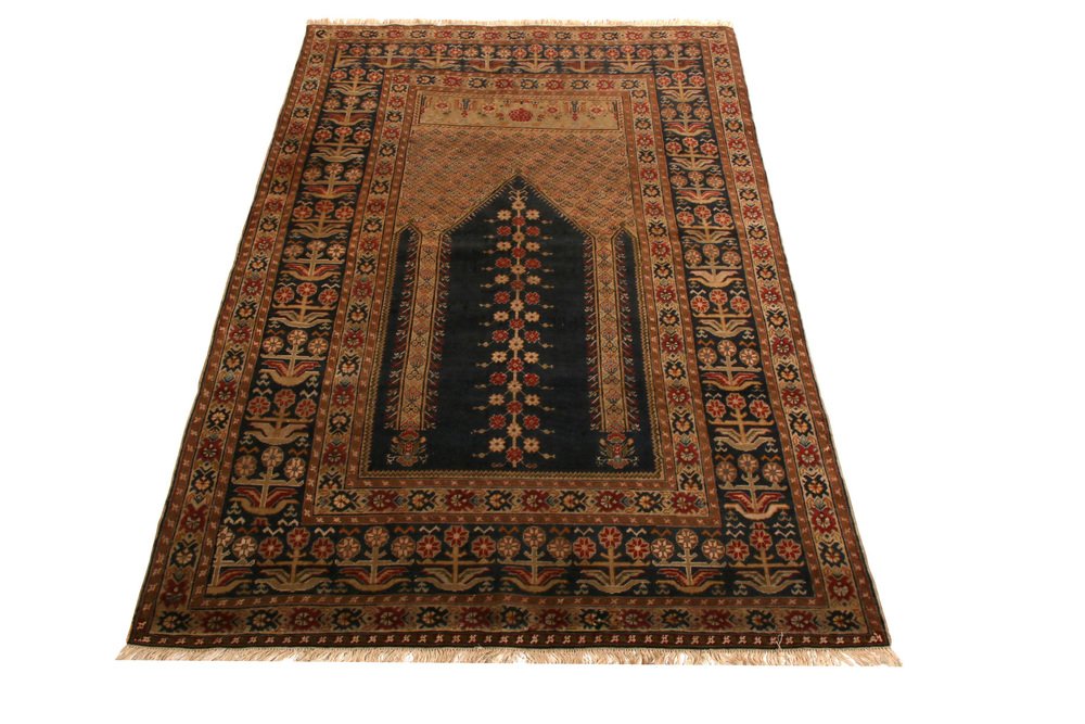 Antique Ghiordes Rug Beige-Brown and Black Geometric Floral Mihrab ...