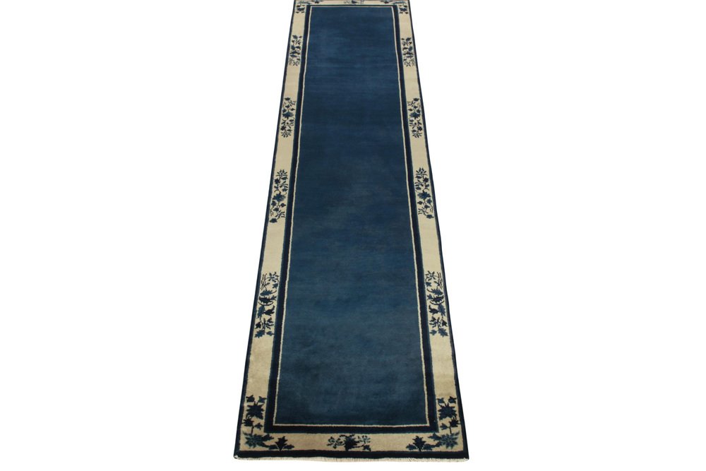 Vintage Chinese Style Blue Runner with Off-White Floral Pattern Border ...