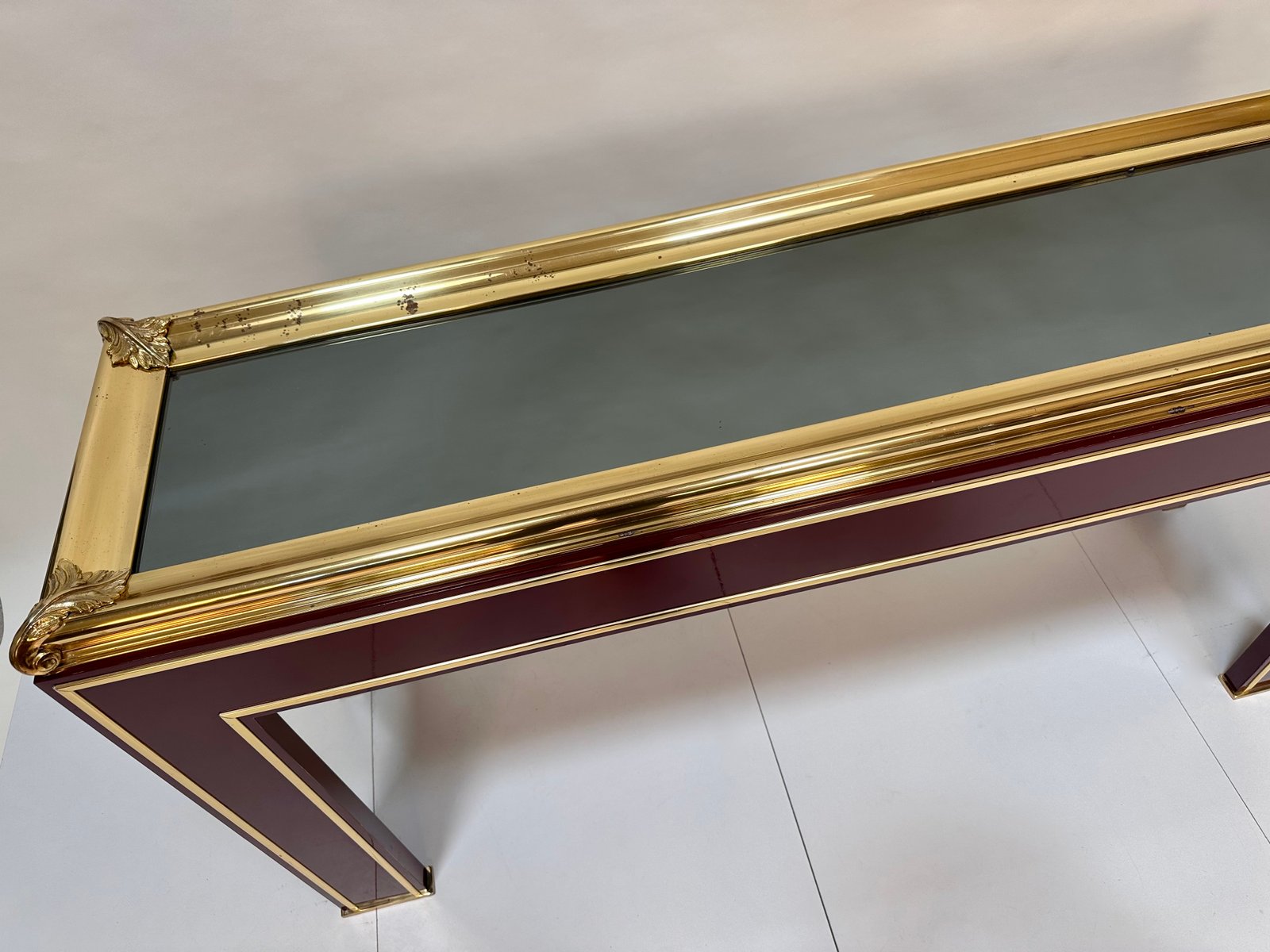 Neo-Classical Console Table with Mirrored Top, Brass Decor and Lacquer ...