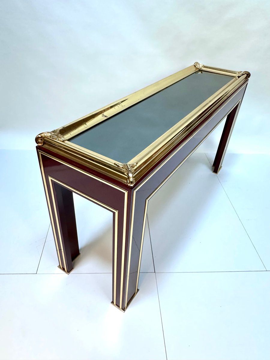 Neo-Classical Console Table with Mirrored Top, Brass Decor and Lacquer ...