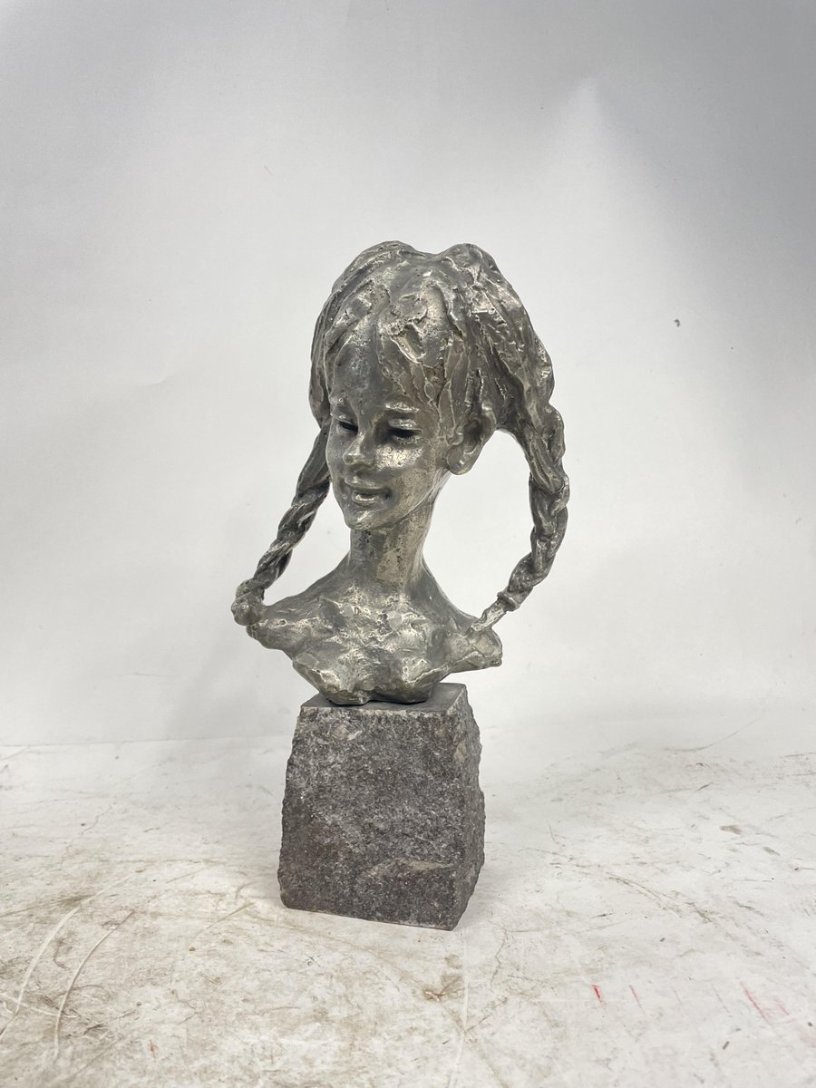 Antique Metal Sculpture of Girl with Braids, 1950s for sale at Pamono