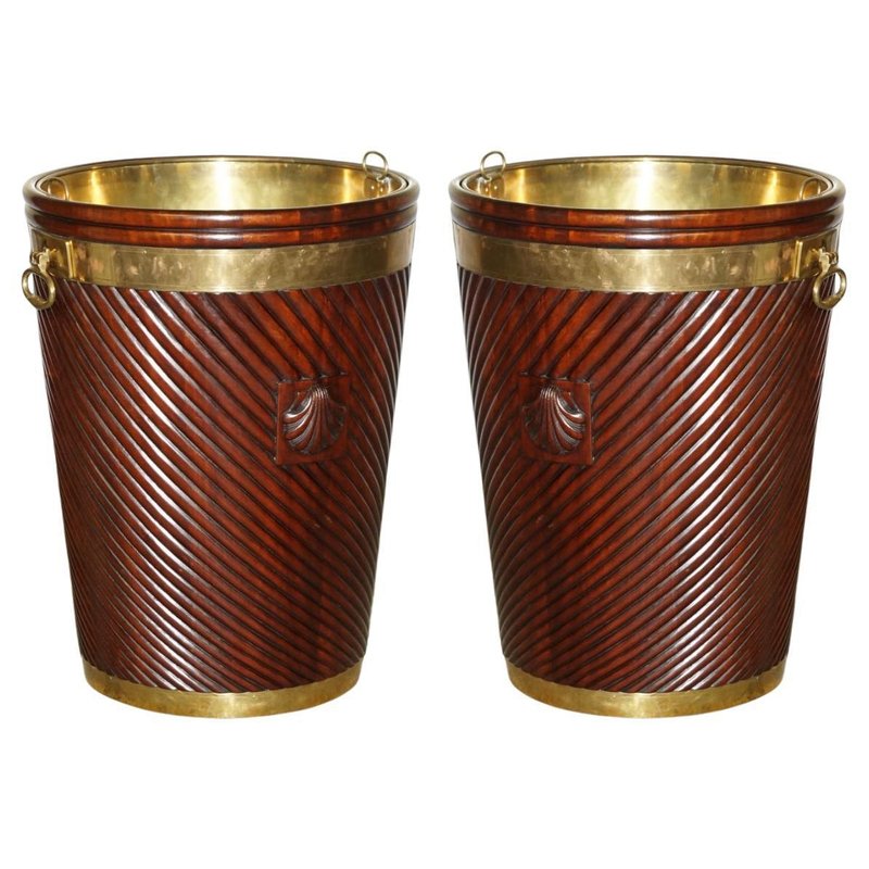Large Brass and Hardwood Georgian Irish Peat Buckets, 1760, Set of 2 ...