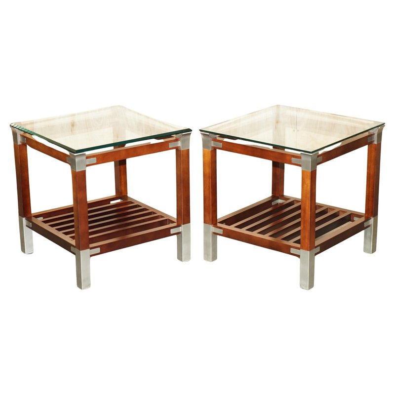 Vintage Hardwood Pewter and Glass Side Tables by Pierre Vandel, Set of ...