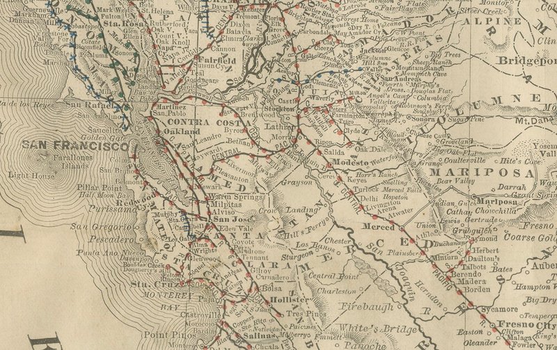 California Map of The Golden States Railroads and Cities and Counties ...
