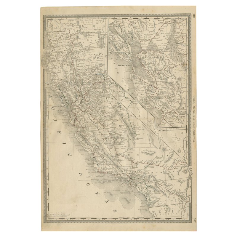 California Map of The Golden States Railroads and Cities and Counties ...