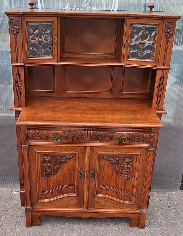Antique German Art Nouveau Buffet in Walnut with Leaded Glass, 1890s ...