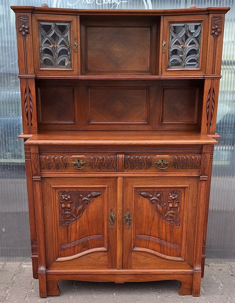 Antique German Art Nouveau Buffet in Walnut with Leaded Glass, 1890s ...