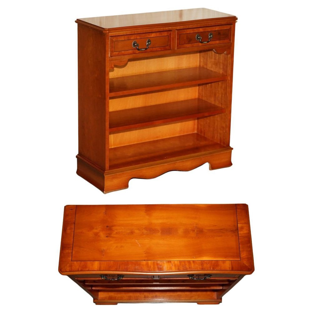 Vintage Burr Yew Wood Dwarf Open Library Bookcase with Twin Drawers for ...