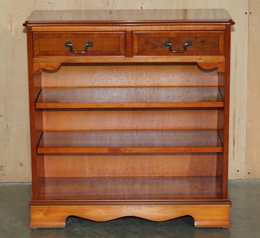 Vintage Burr Yew Wood Dwarf Open Library Bookcase with Twin Drawers for ...