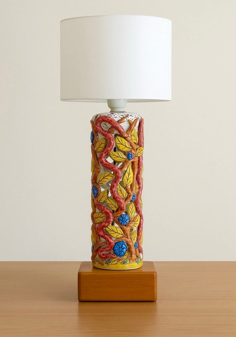 Mid-Century Modern Ceramic Lamp Base with Eden-Inspired Relief Motifs ...