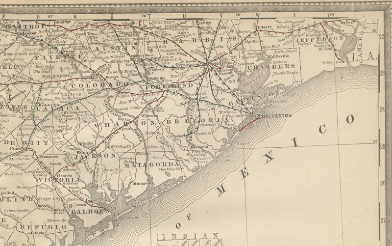 Antique Map of Southern Texas Railroads, Counties and Settlements, 1888 ...