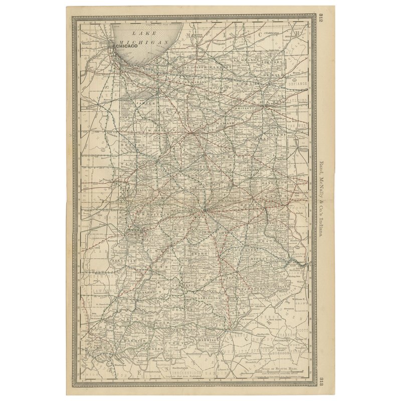 Antique Map of Indiana The Hoosier State with Railroads and Counties ...