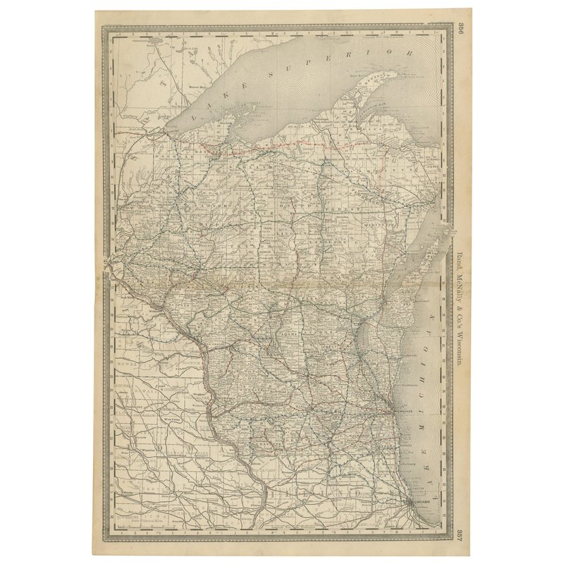 Antique Map of Wisconsin The Badger State with Railroads and Counties ...