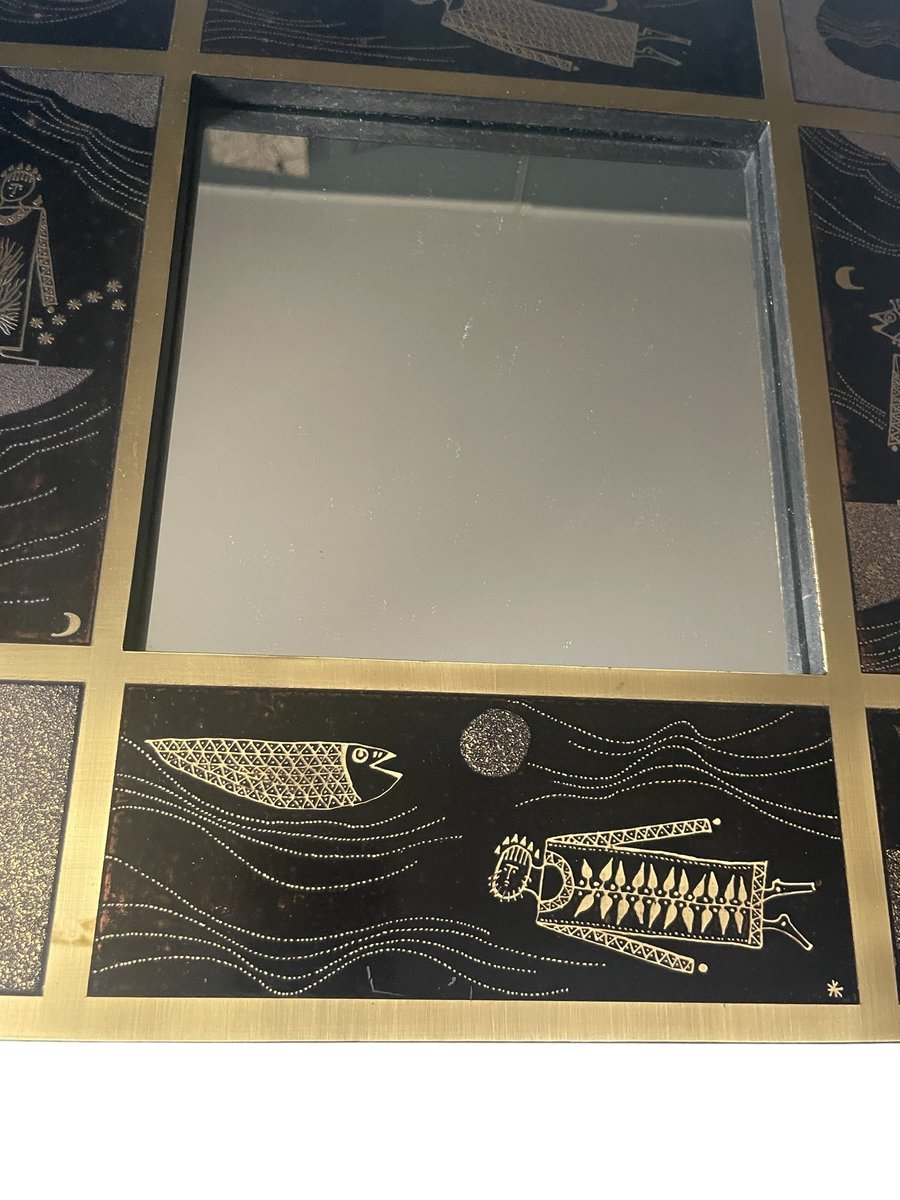 Etched Brass Miror by Jean-Pierre Charpentier, 1980s for sale at Pamono