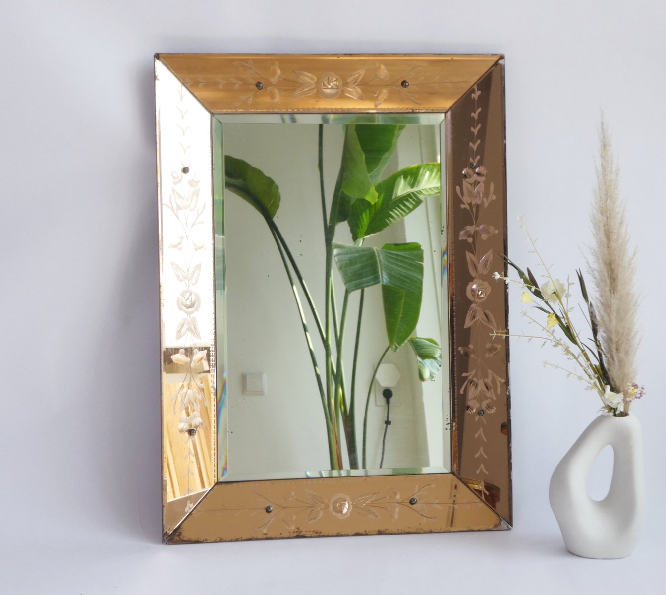 Vintage Venetian Rectangular Pink Beveled Mirror with Carved Edges and ...