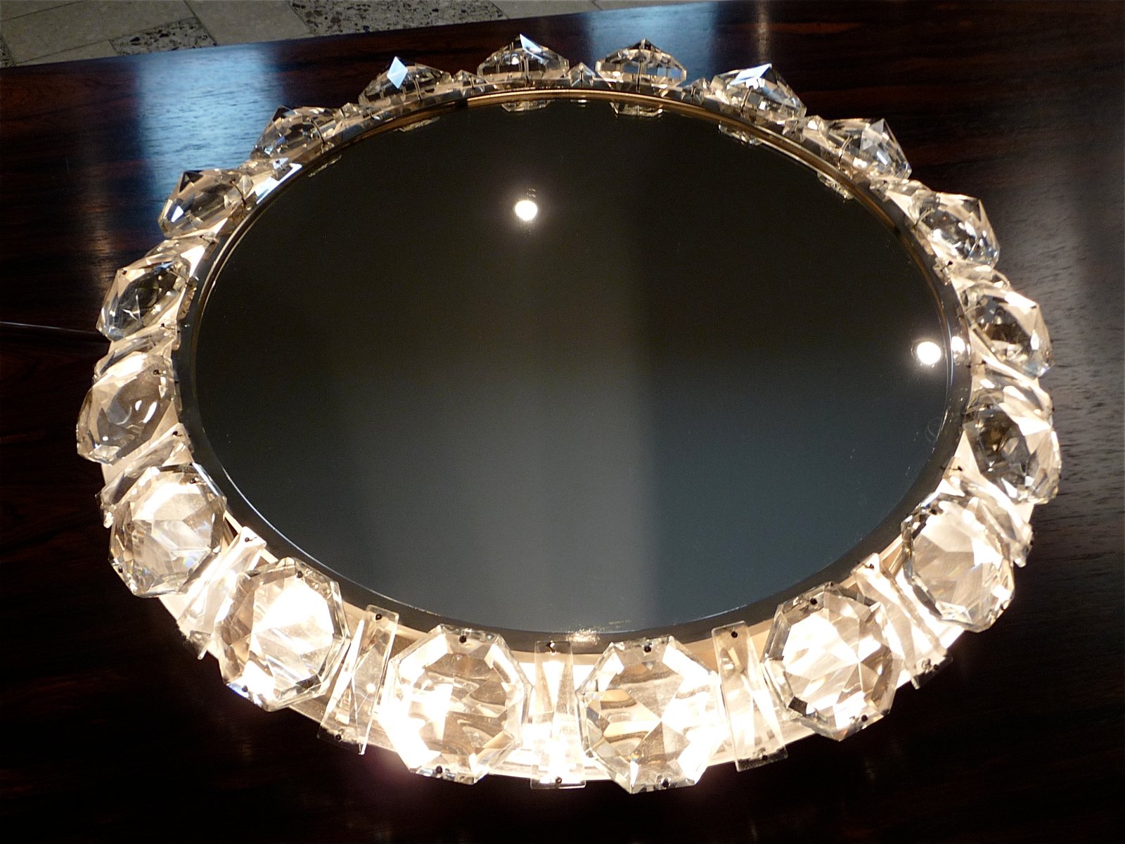Illuminated Round Crystal Mirror from Palwa, 1950s for sale at Pamono