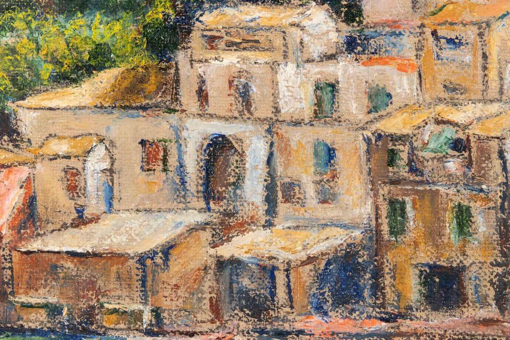 Pino Romanò, Red Boat in Scilla, Oil Painting, 1990s for sale at Pamono