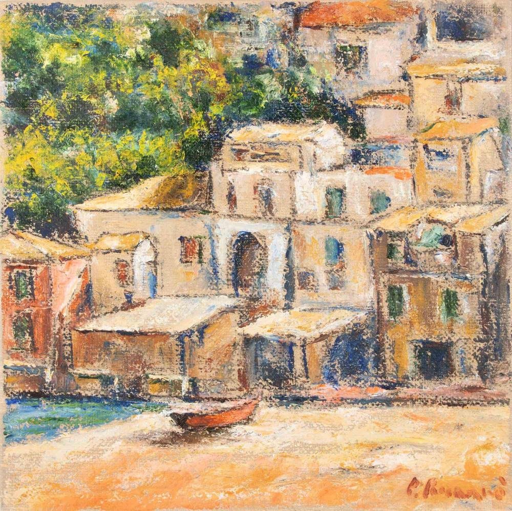 Pino Romanò, Red Boat in Scilla, Oil Painting, 1990s for sale at Pamono
