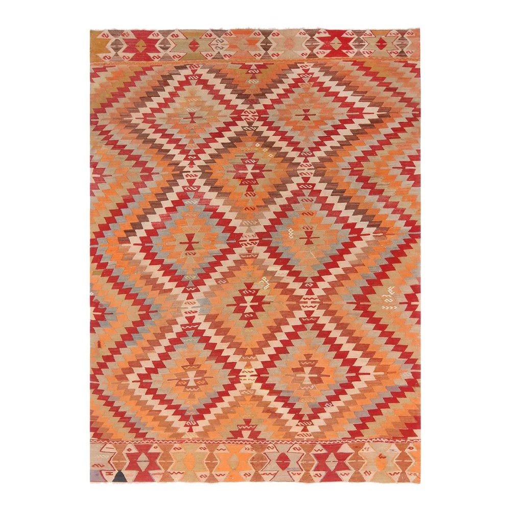 Mid-Century Wool Kilim Rug with Golden, Yellow and Red Diamond Pattern ...