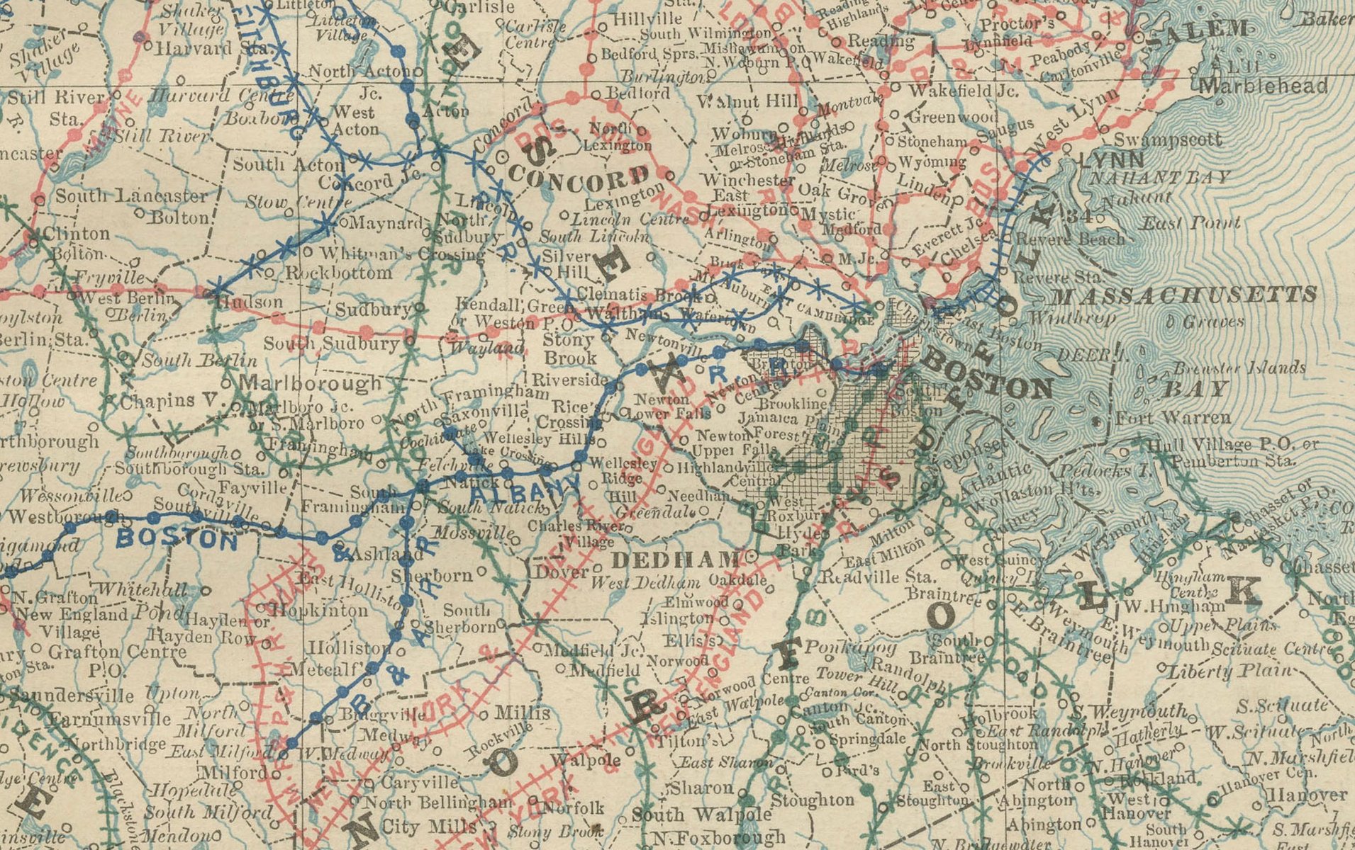 Antique Map of Massachusetts with The Bay State, Railroads & Boston ...