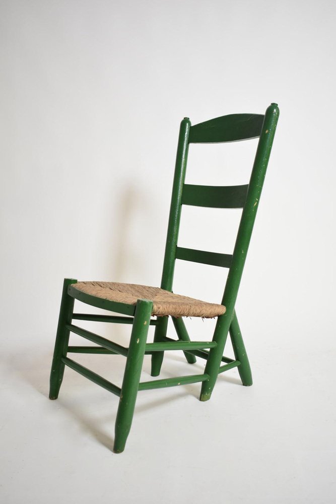 Green Painted Wood and Straw Fireside Chair, 1960s for sale at Pamono