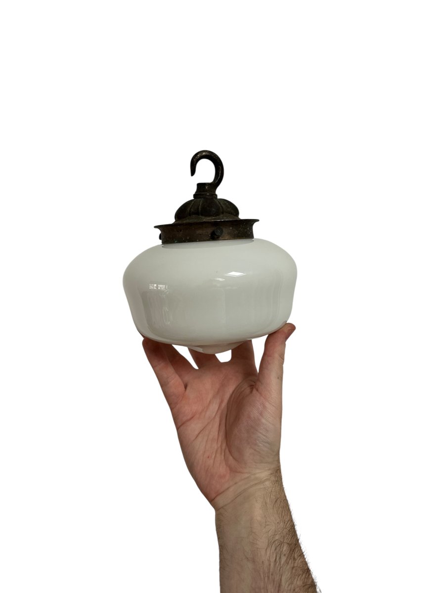 Small English Opaline Milk Glass Church Pendant, 1920s for sale at Pamono