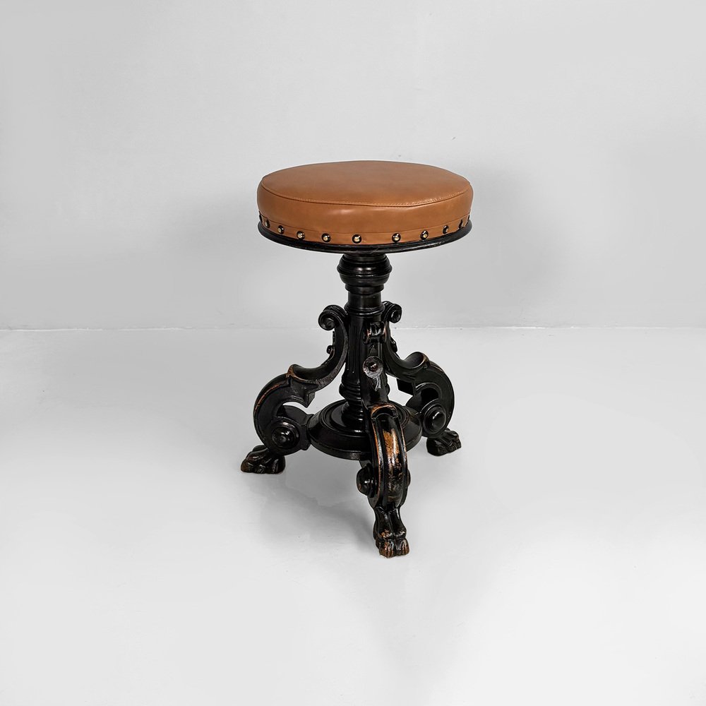 19th Century Style Italian Wood and Brown Leather Table Stool, 1930s ...