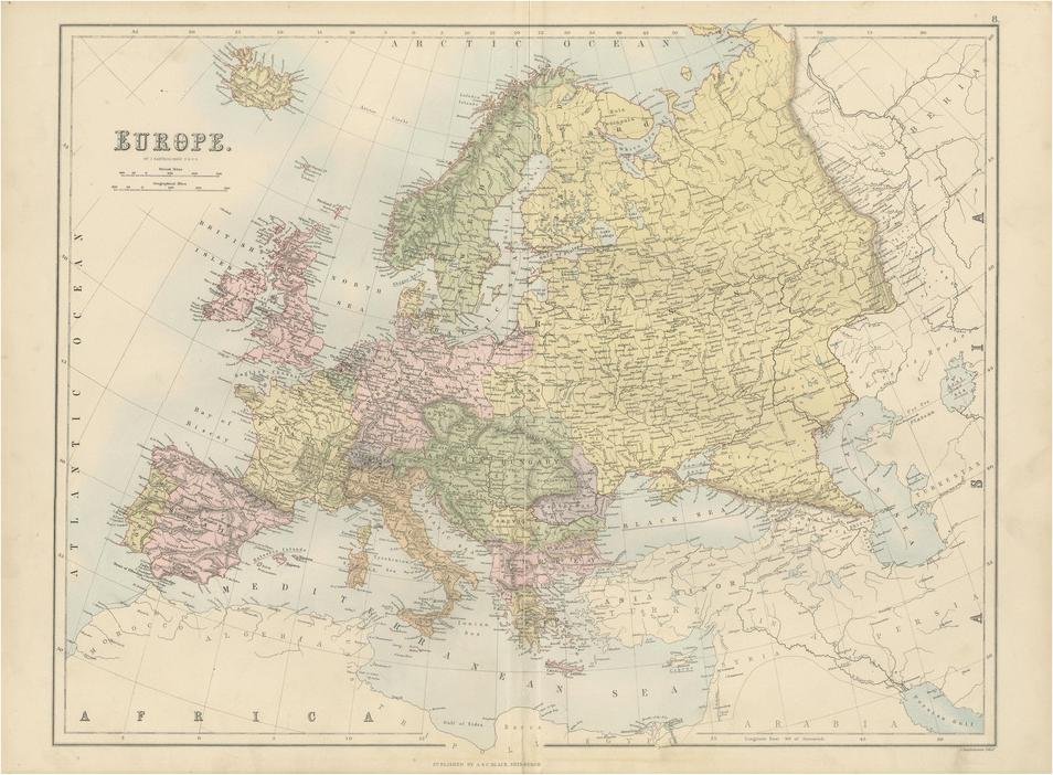 Antique Europe Map with Political Boundaries, 1884 for sale at Pamono