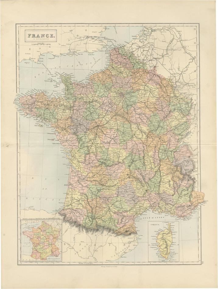 Antique Map of France, 1884 for sale at Pamono