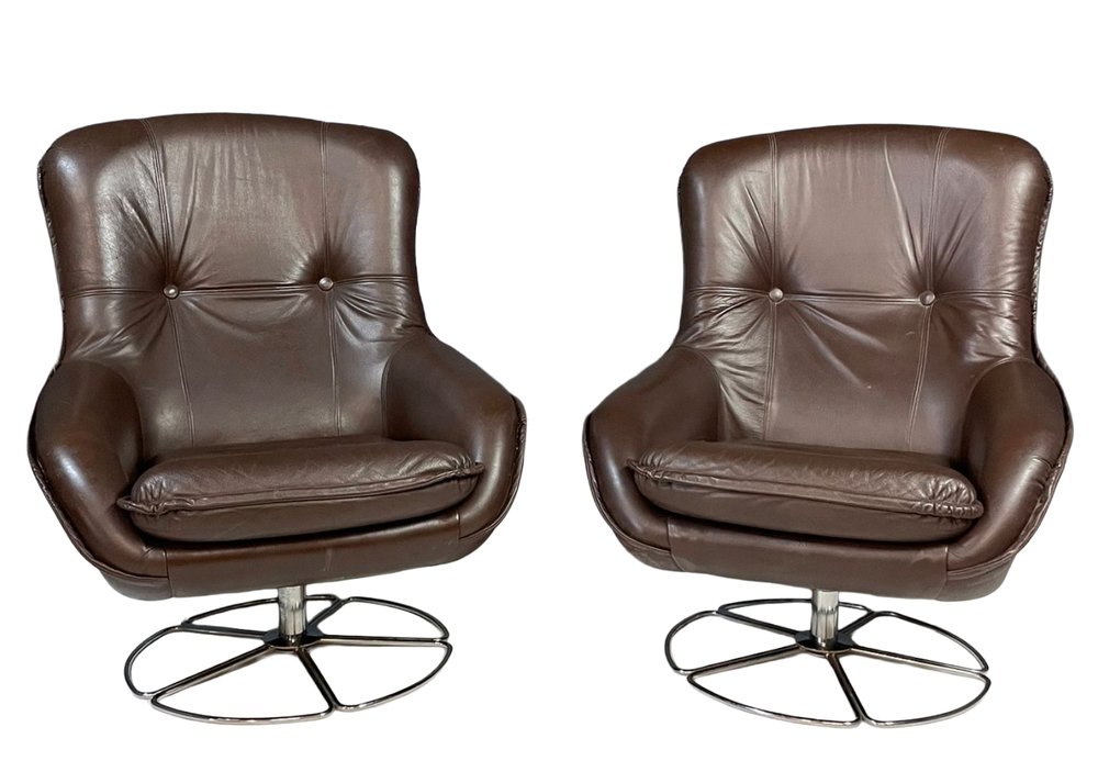 Leather Swivel Armchairs from PEEM, Finland, 1970s, Set of 2 for sale at Pamono