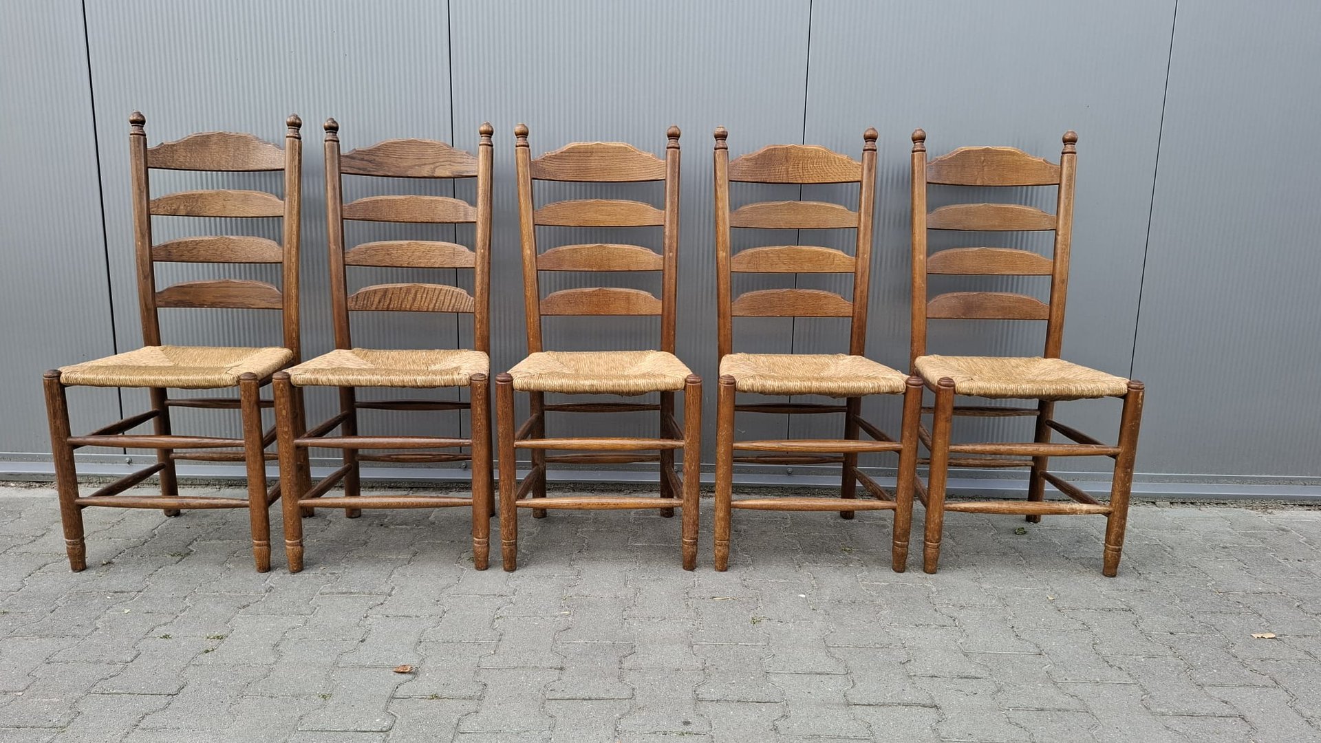 Dutch Button Chairs with Rush Seats, 1920s, Set of 6 for sale at Pamono